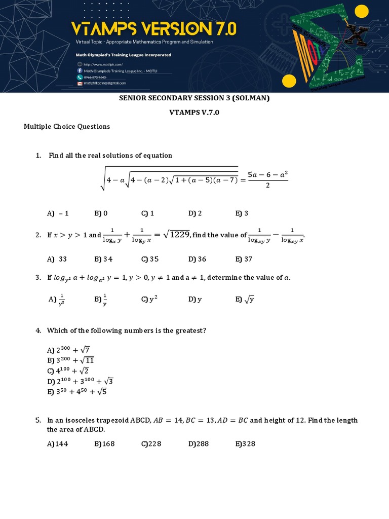 VTAMPS 7.0 Senior Secondary Set 3 | PDF | Square Root | Equations