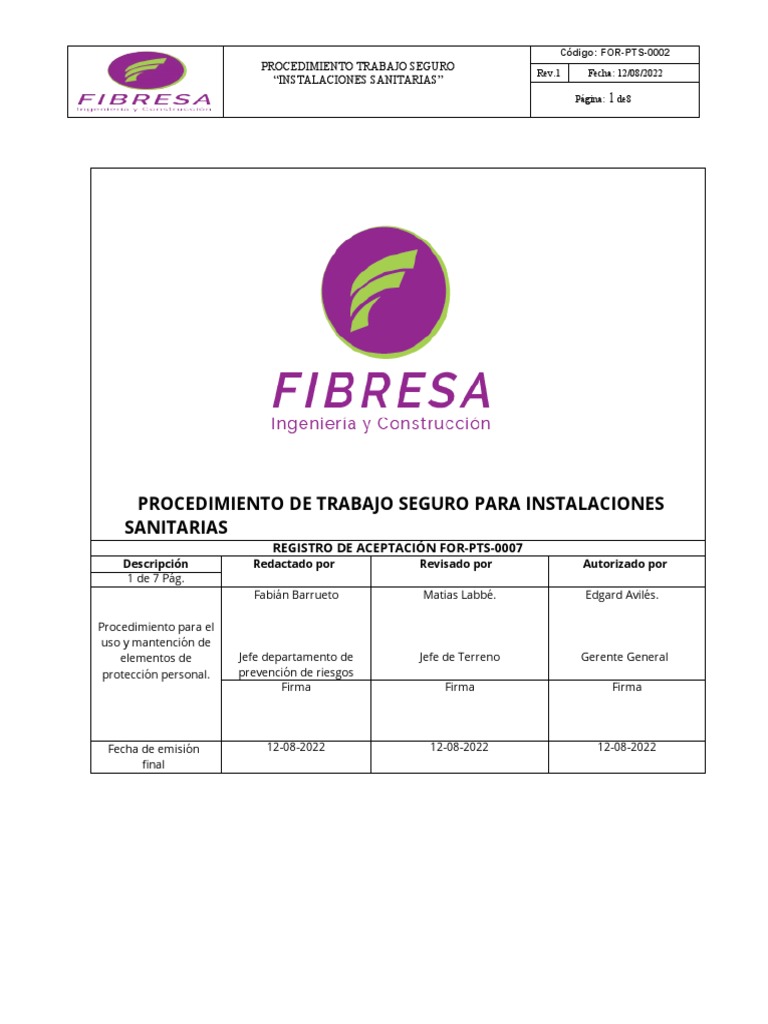 Procedimiento de Trabajo Seguro para Instalaciones Sanitarias | PDF | Hormigón | Tubería ...