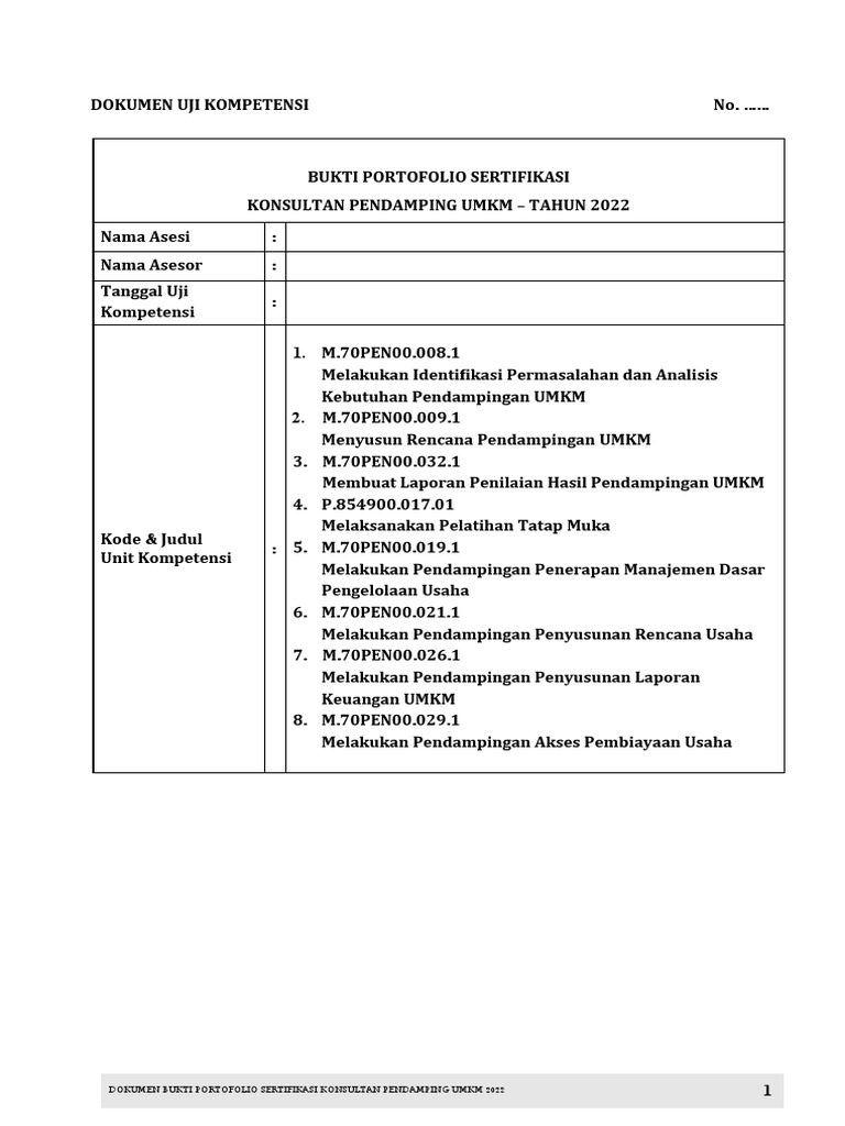 Bukti Portofolio Sertifikasi Pendamping UMKM Tahun 2022 | PDF