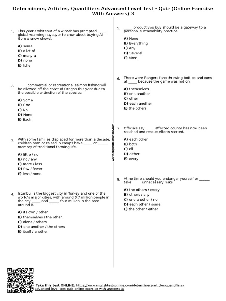 359 Determiners Articles Quantifiers Advanced Level Test Quiz Online ...