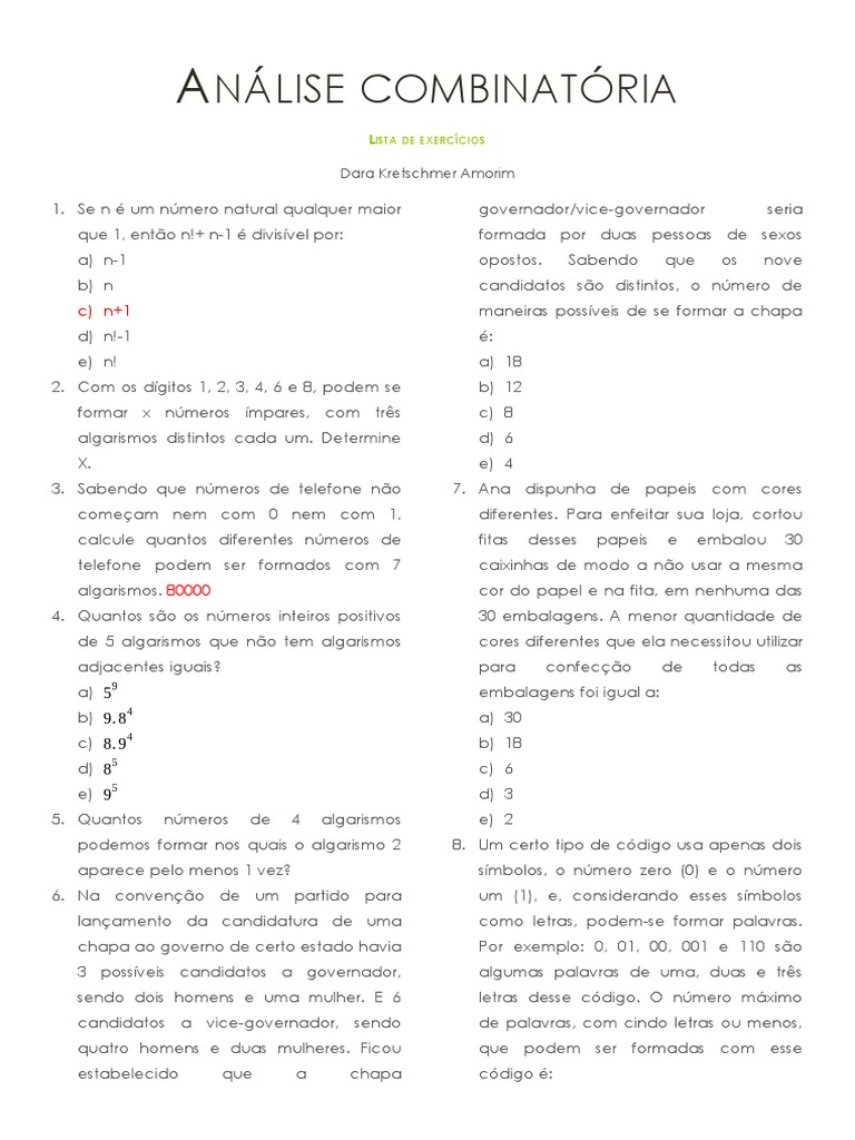 Aula 4 - Análise Combinatória - Lista de Exercícios | PDF | Combinatória | Matemática