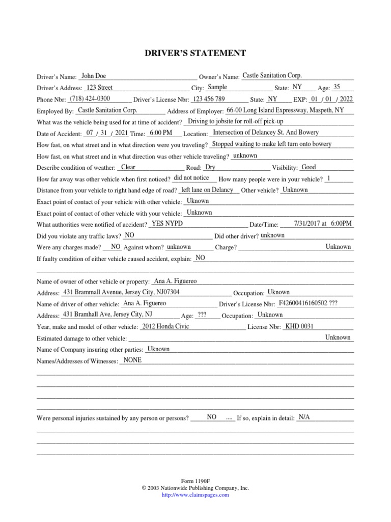 Vehicle Accident Drivers Statement Form Completed Sample Pdf Traffic Road Transport