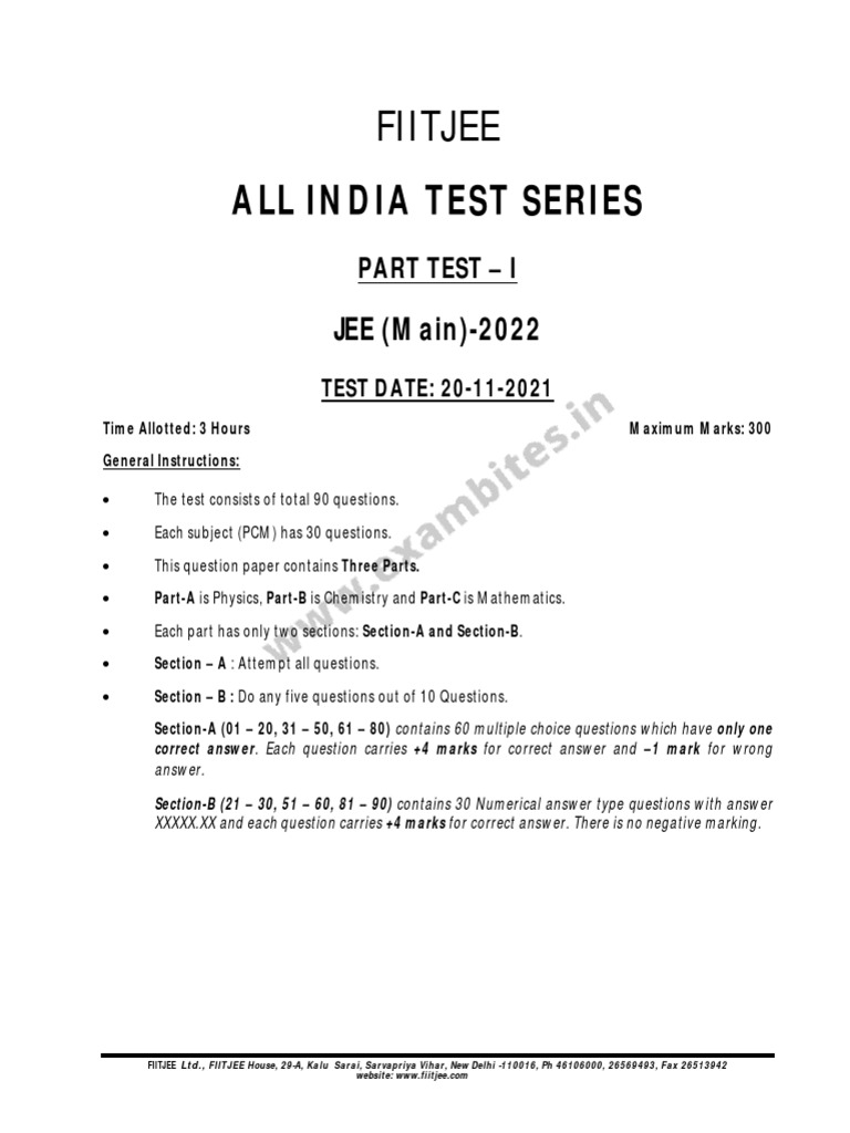 All India Test Series: Fiitjee | PDF | Acceleration | Force