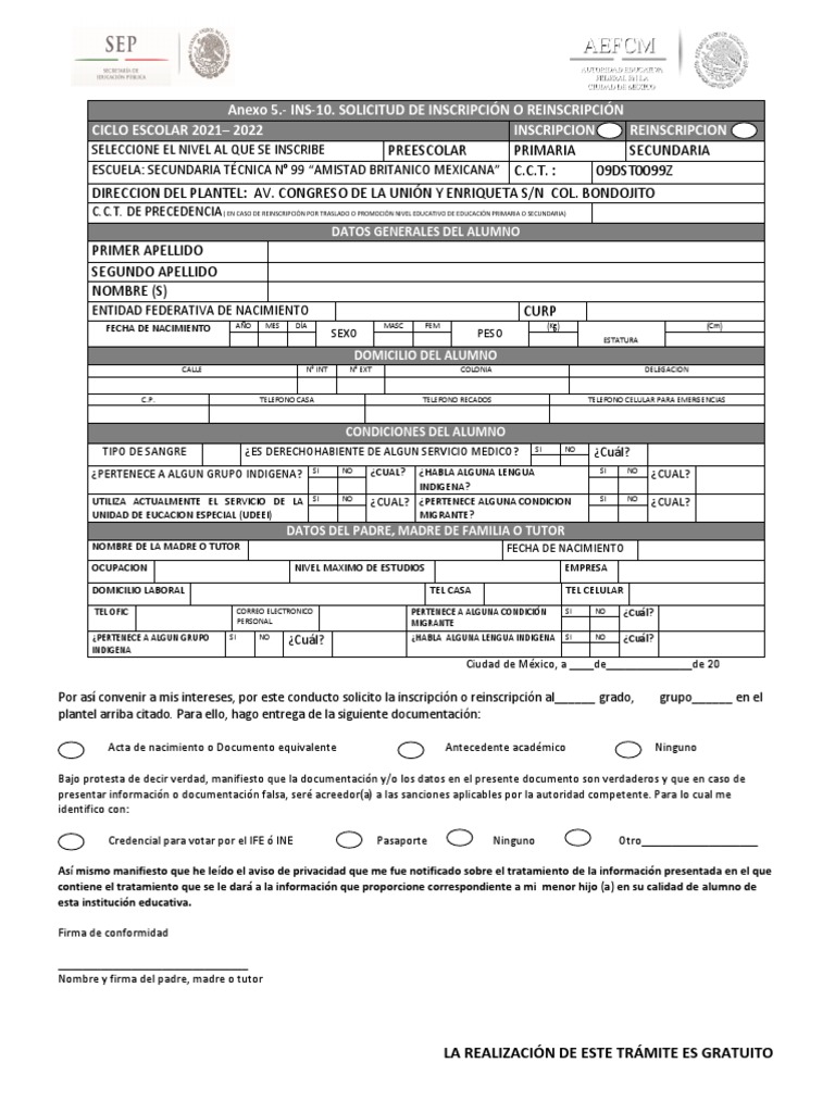 Ins-10. Solicitud de Inscripción | PDF