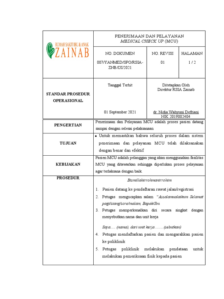 Spo Penerimaan Dan Pelayanan Mcu | PDF
