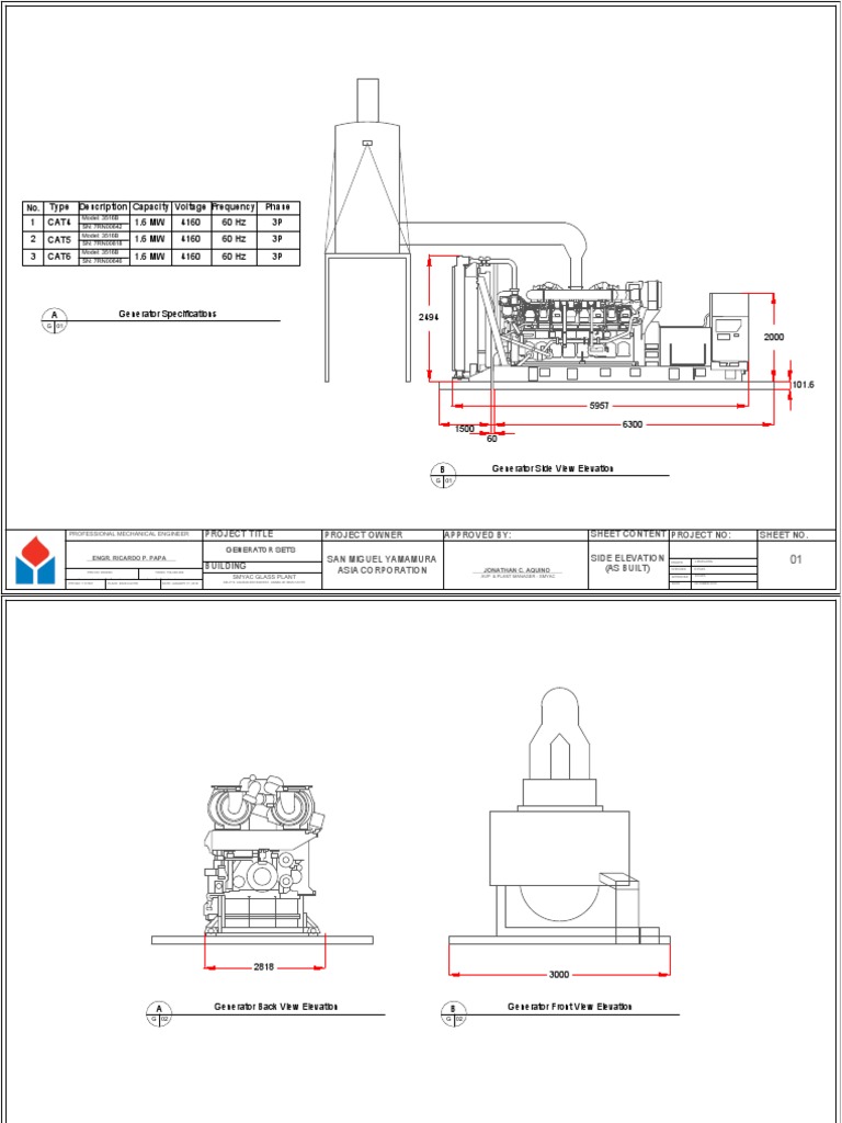 Generator Specification Drawings: Side, Front, and Back Elevation Views ...