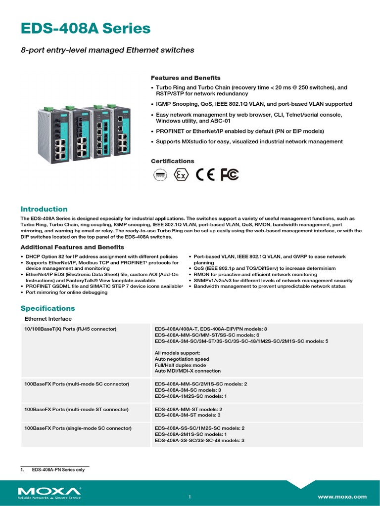 Moxa Eds 408a Series Datasheet v1.4 | PDF | Computer Networking ...