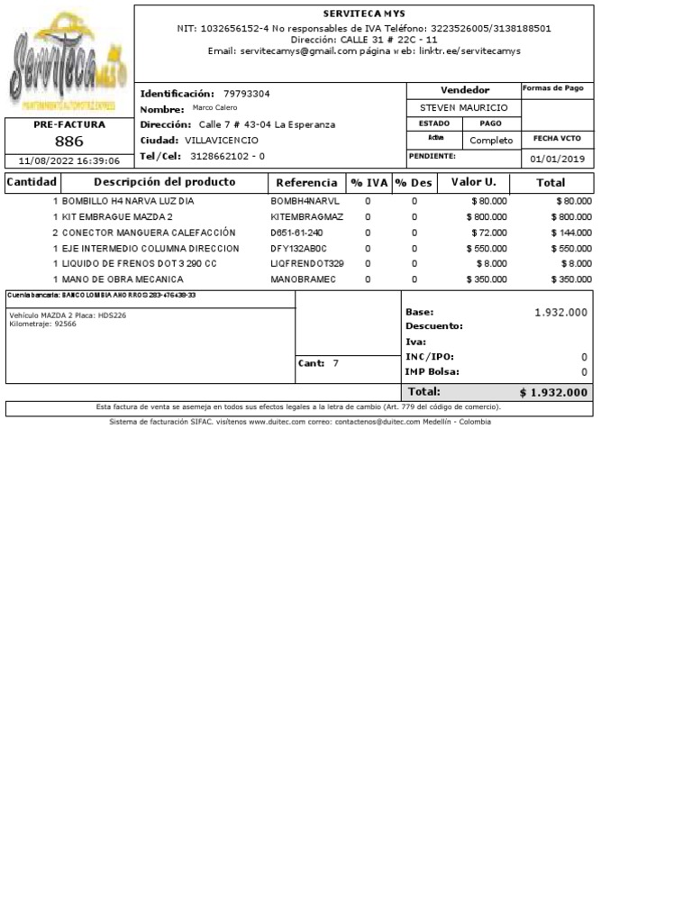 Pre-factura de Servicios Mazda | PDF