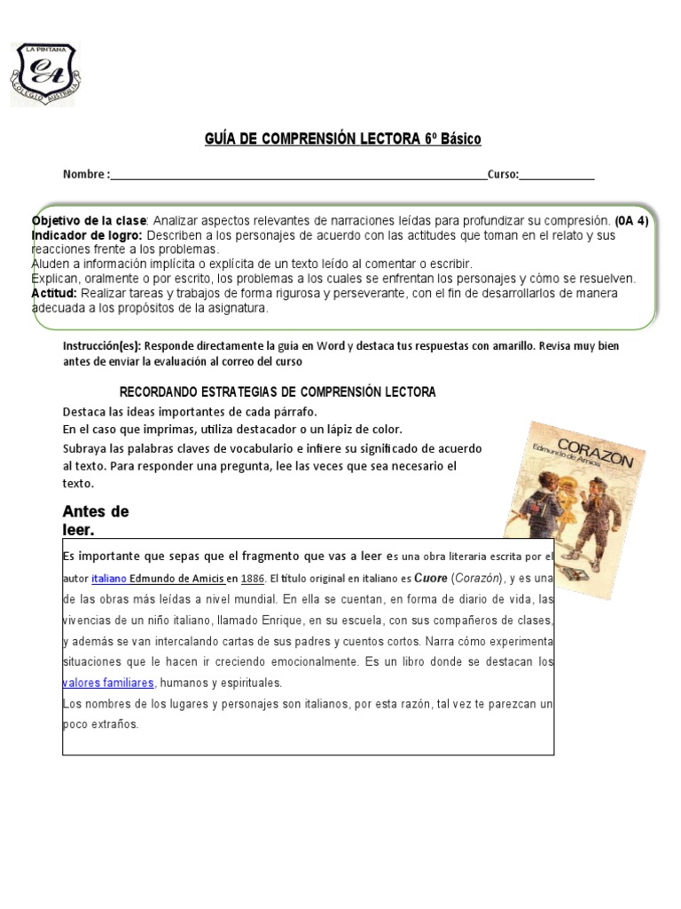 Guia Comprension Lectora 6 ° Básico | PDF | Estudios de idiomas ...