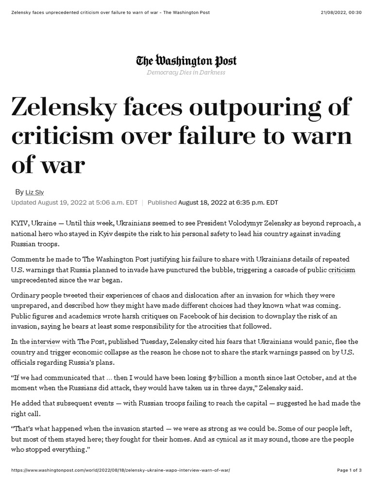 Zelensky Faces Unprecedented Criticism Over Failure To Warn of War ...