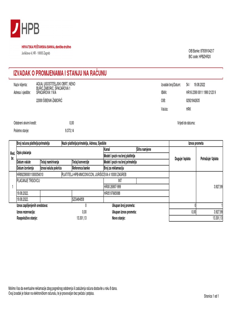 Izvadak O Promjenama I Stanju Na Računu | PDF