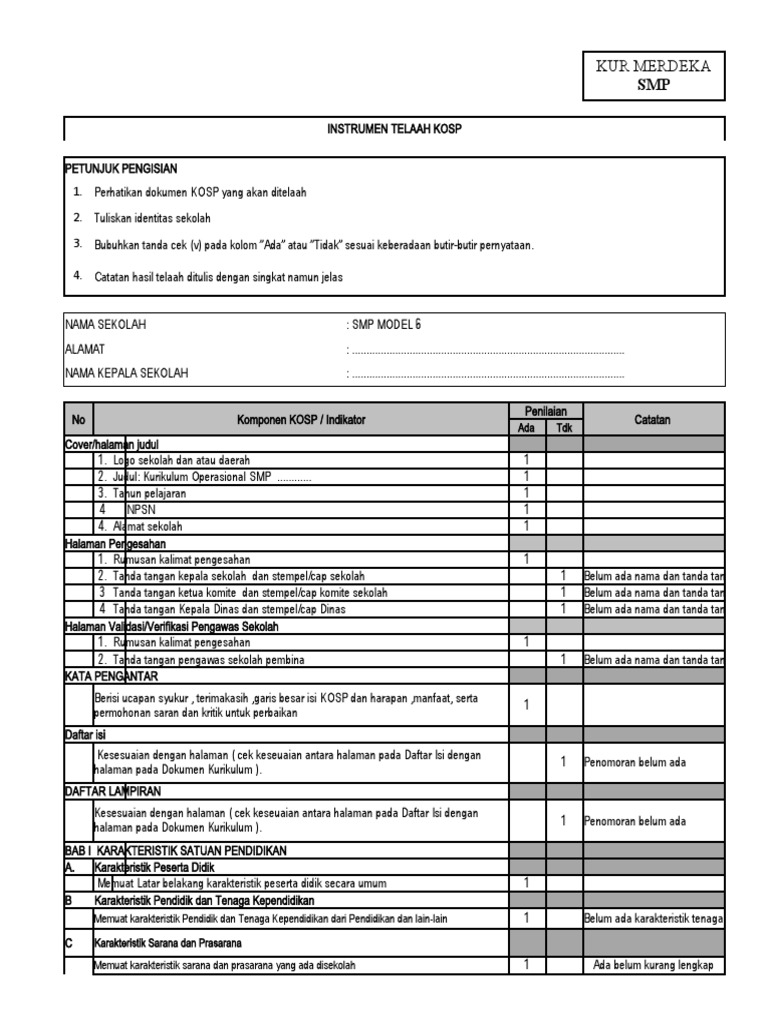 Instrumen Telaah Kosp SMP - Kelompok 5 | PDF