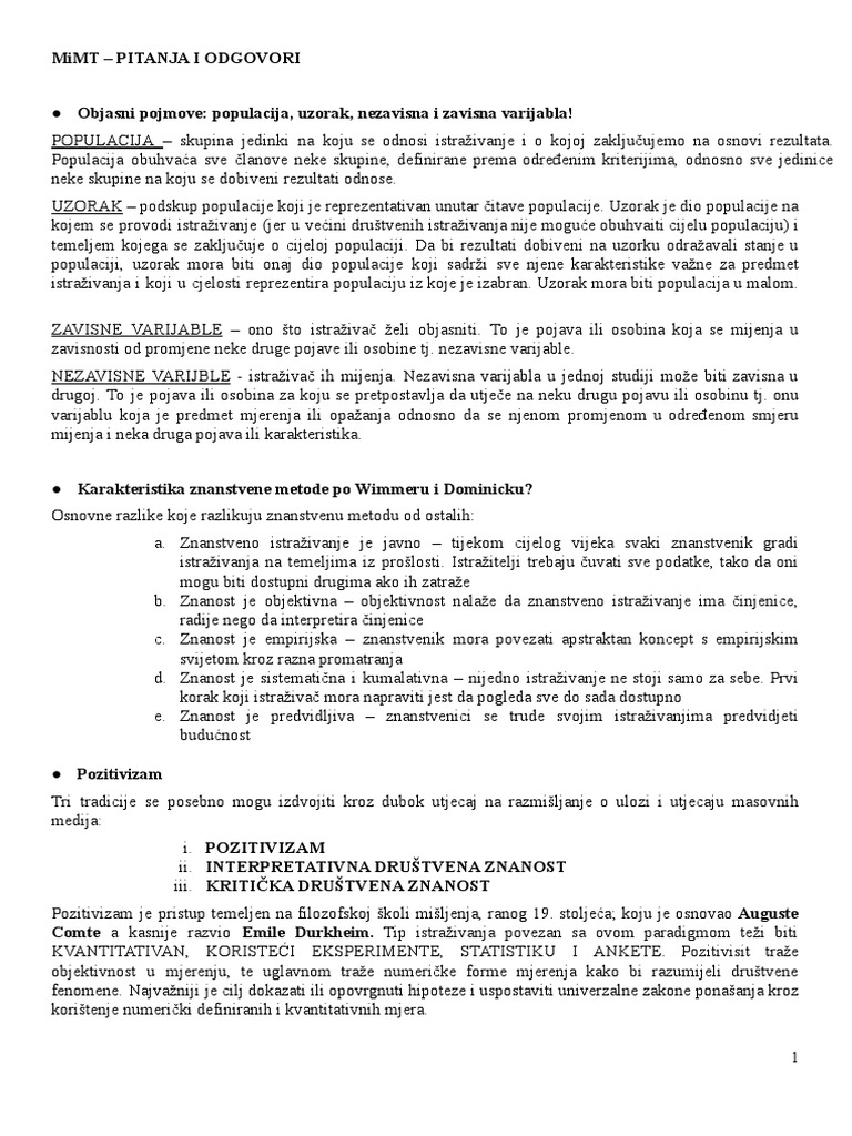 Pitanja I Odgovori MiMT | PDF