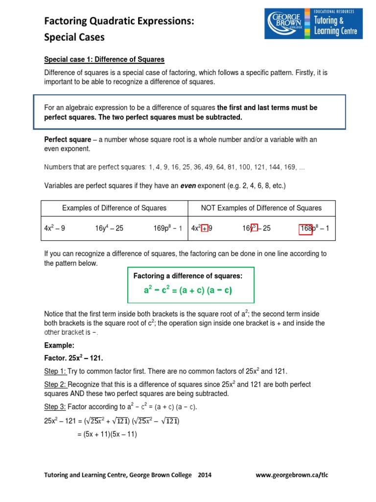 Factoring Quadratic Expressions Special Cases | PDF | Factorization ...