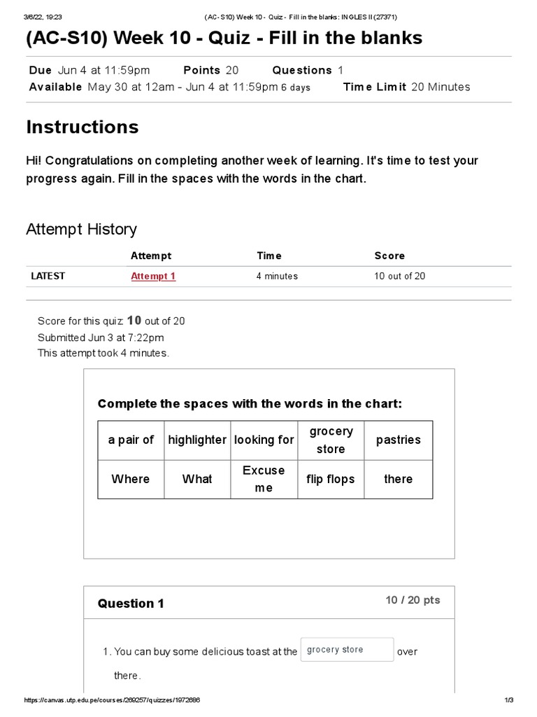 Week 10 English Quiz Fill in Blanks | PDF | Foods