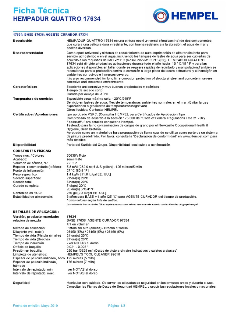 Ficha Técnica: Hempadur Quattro 17634 | PDF | Agua | Epoxy