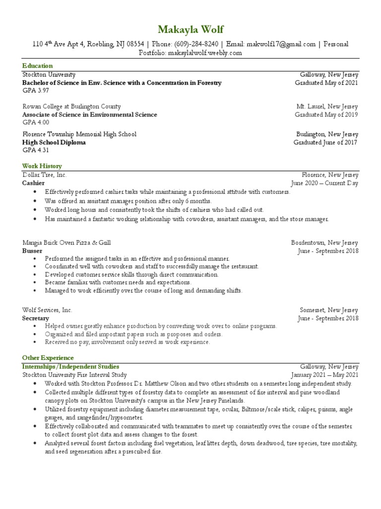 Official Resume Makayla Wolf | PDF | Forestry