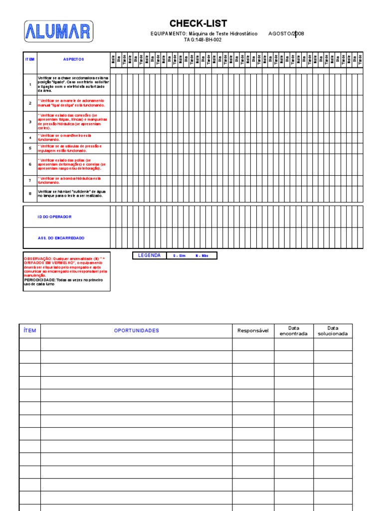 Check List Bomba de Teste Hidrostático | PDF | Bomba