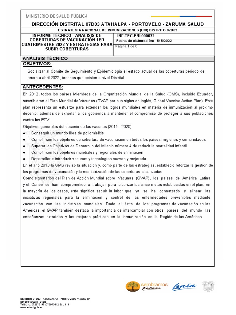 INFORME DE ANALISIS DE COBERTURAS Y VACUNAS - ENI 07D03 2022 - Signed | PDF | Vacunación | Vacunas