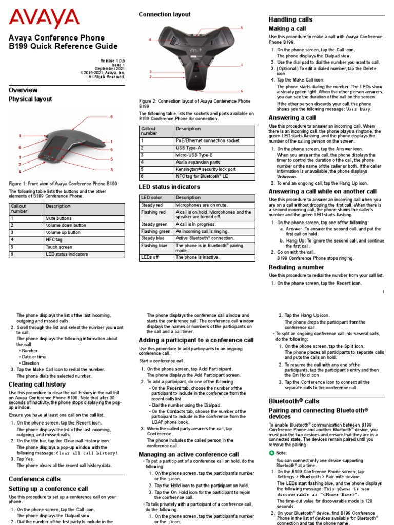 Avaya Conference Phone B199 Quick Reference Guide: Handling Calls | PDF ...