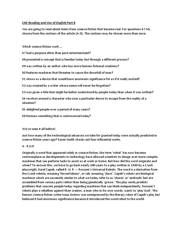 CAE Reading and Use of English Part 8 | PDF | Science Fiction | Robot