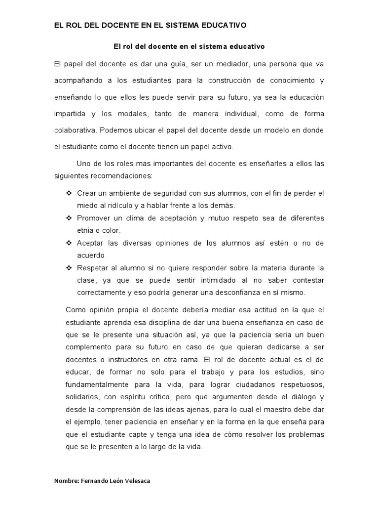 El Rol Del Docente en El Sistema Educativo | PDF | Maestros | Método de ...