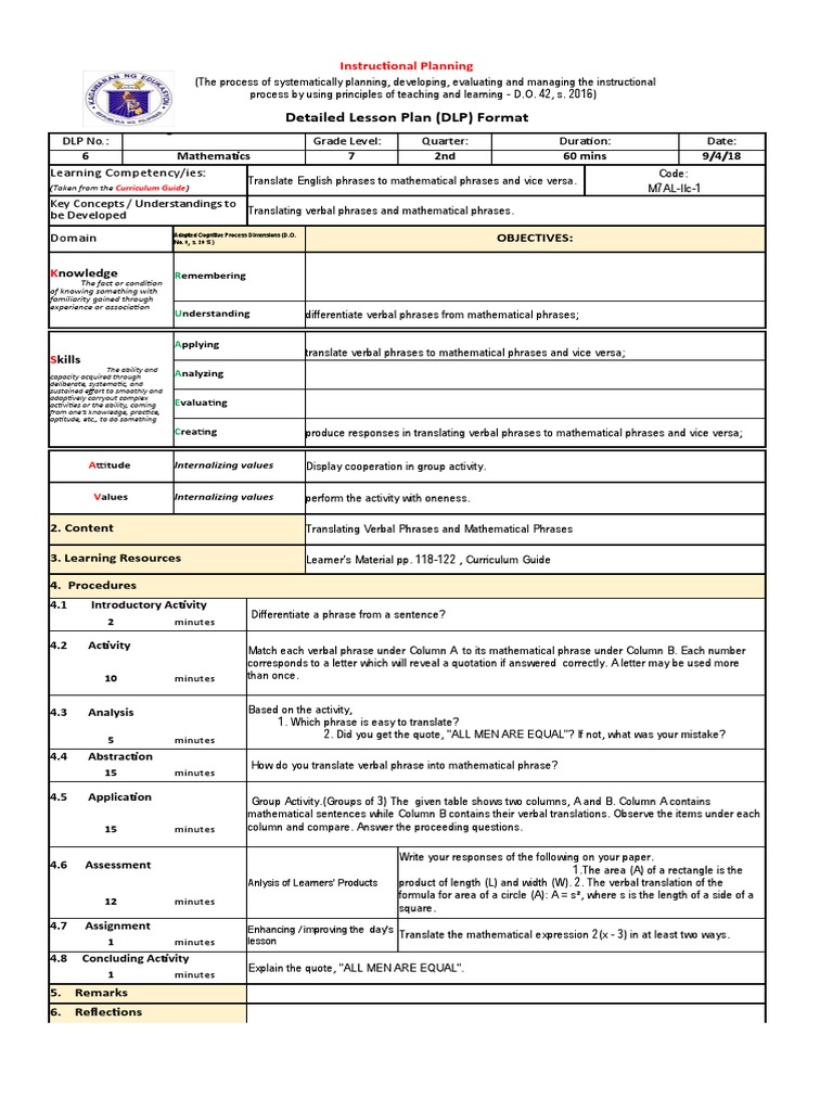 Detailed Lesson Plan (DLP) Format: Learning Competency/ies | PDF | Learning | Area