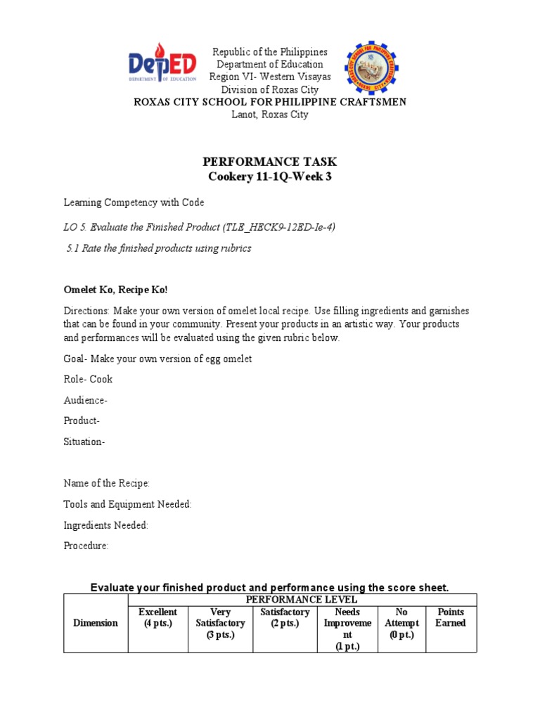 Performance Task Cookery 11-1Q-Week 3: Roxas City School For Philippine ...