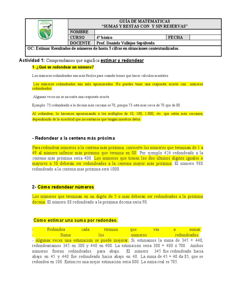Guia de Estimacion de Sumas y Restas. | PDF | Matemática Elemental ...