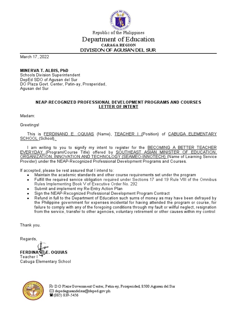 Professional Development for Teachers: Letter of Intent and Contract ...