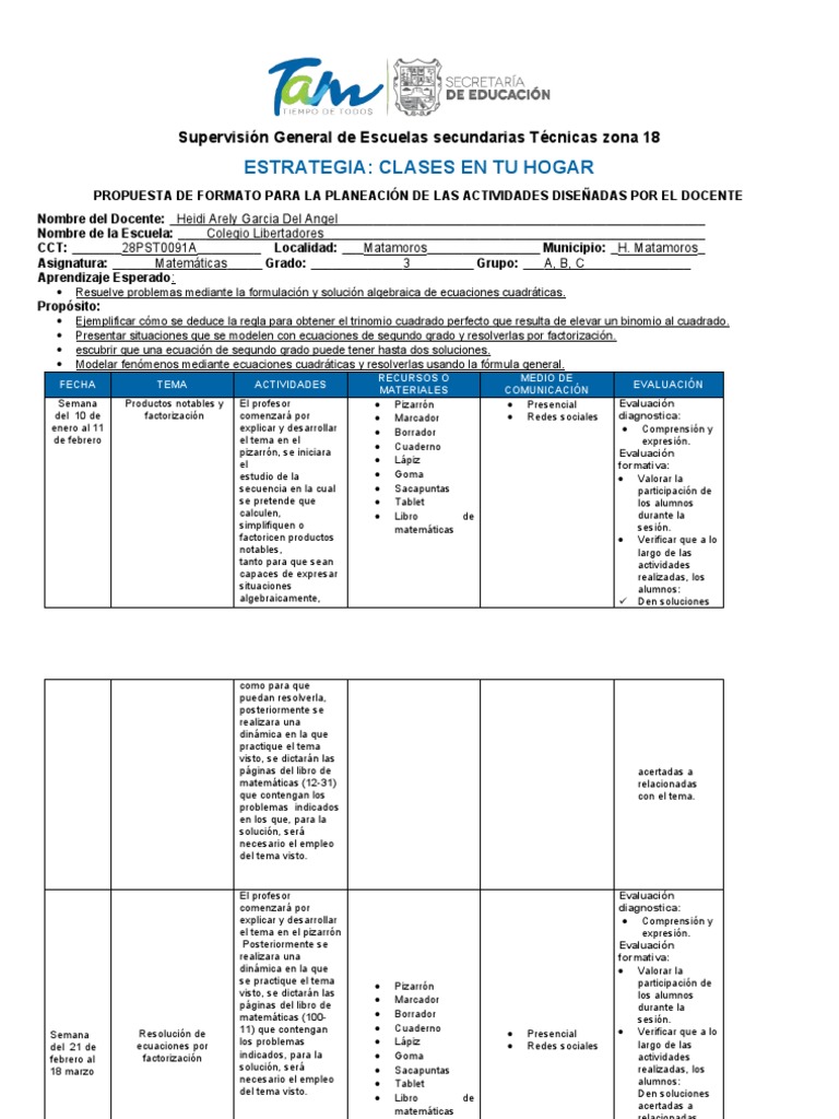 Planeacion Matematicas Tercer Grado Secundaria | PDF | Ecuaciones ...
