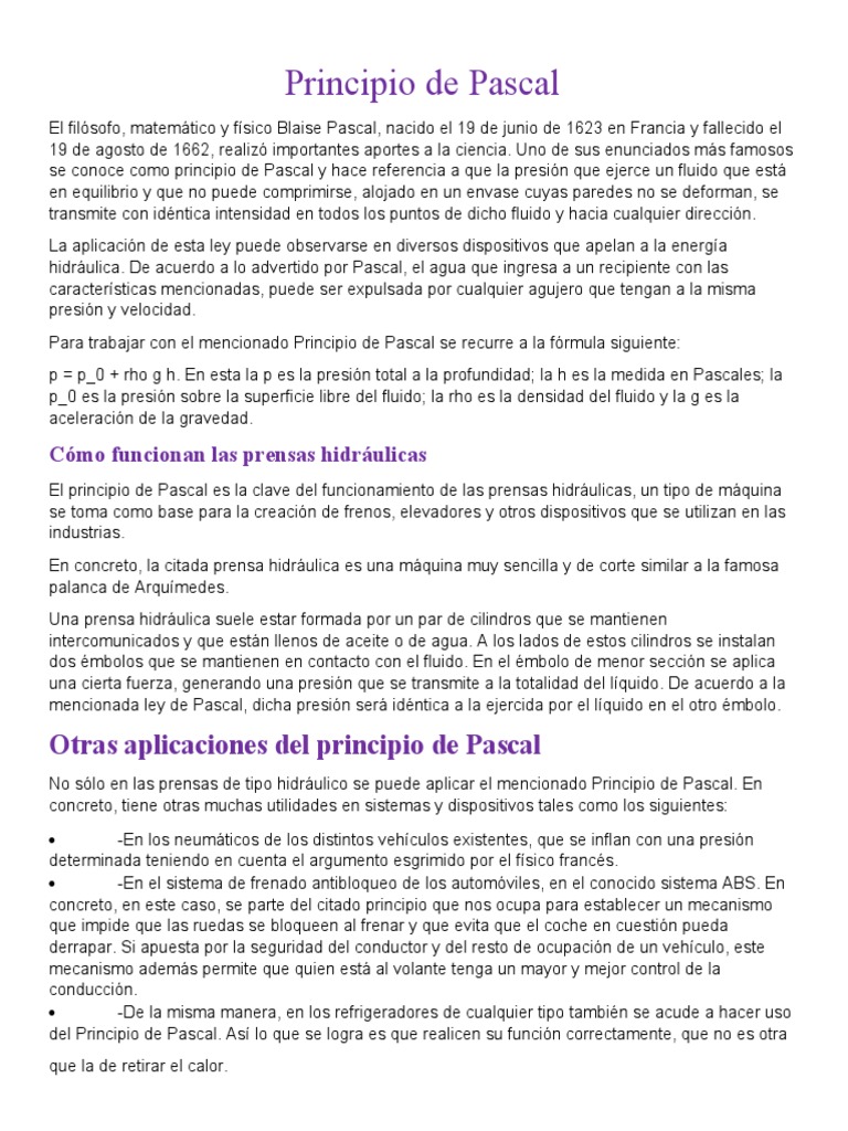 Principio de Pascal | Descargar gratis PDF | Presión | Mecanica clasica