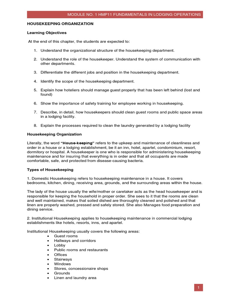 HMP11 Module No. 1 | PDF | Housekeeping | Performance Appraisal