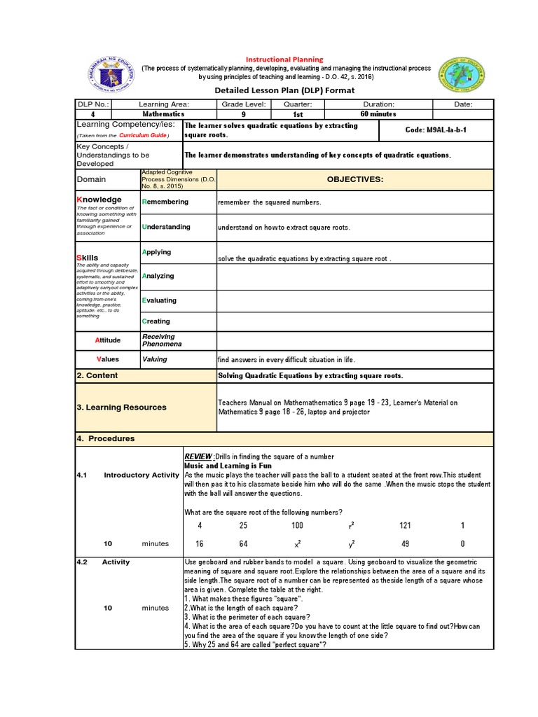 Detailed Lesson Plan (DLP) Format: Instructional Planning | PDF | Learning | Equations
