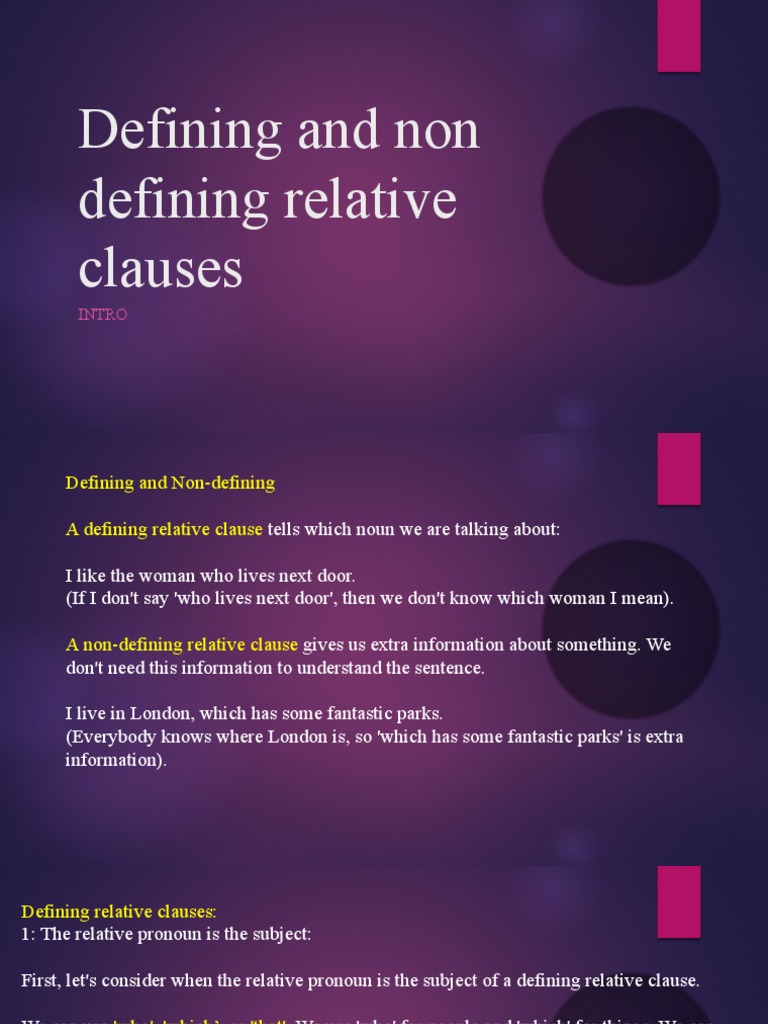 Defining and Non Defining Relative Clauses Intro | PDF | Subject ...