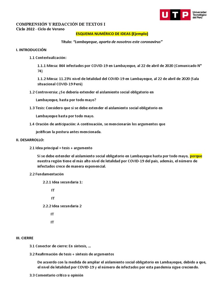 Ejemplo Esquema Numérico de Ideas y Texto Argumentativo | PDF | Ciencias de la Salud | Epidemiología