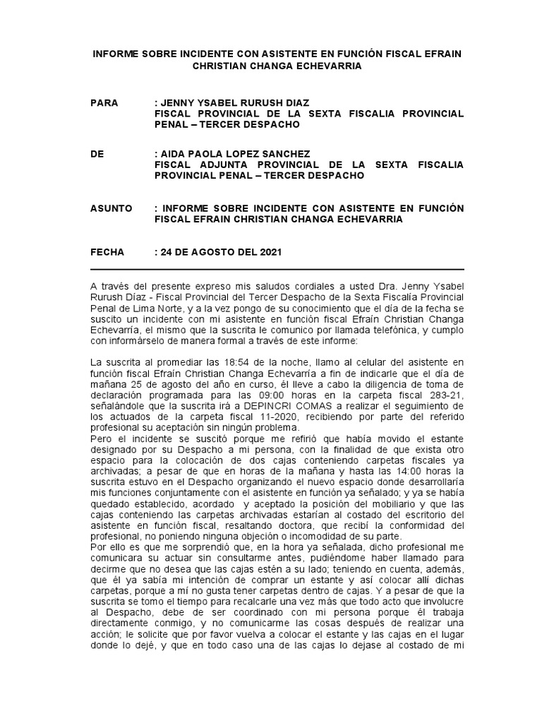 Informe Sobre Incidente Con Asistente Cristhian Changa. 24 de Agosto 2021 | PDF | Derecho