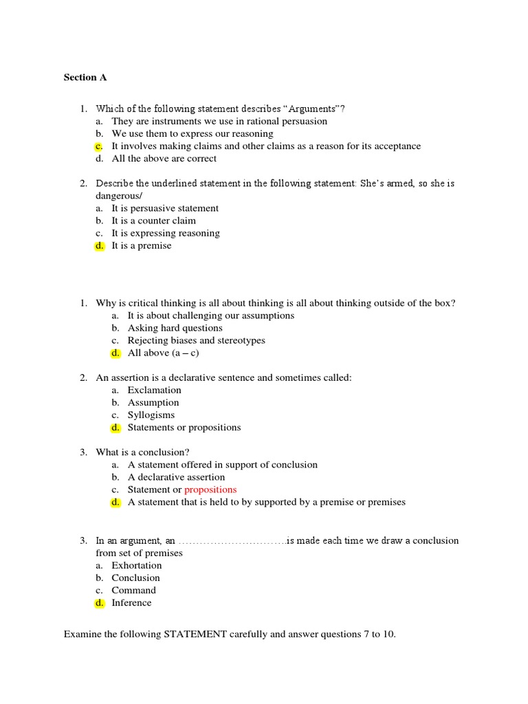 CRITICAL Thinking 2.pdf With Answers | PDF | Argument | Deductive Reasoning