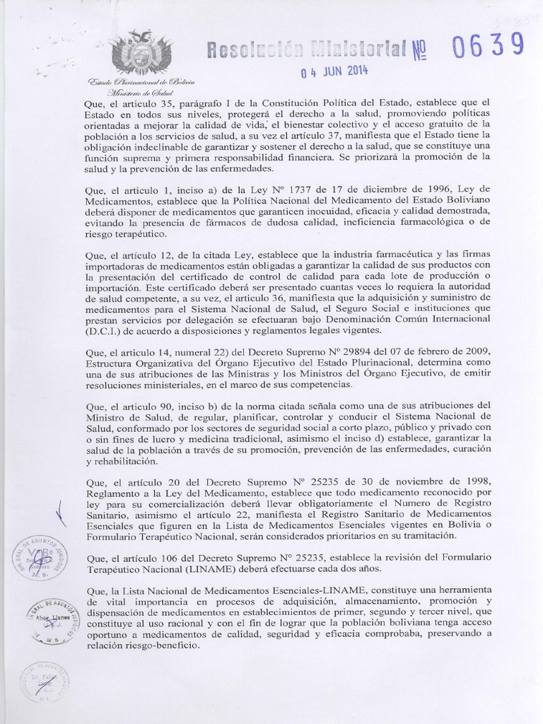 R.M. - 0639 - 04.06.14 Aprueba LINAME | PDF | Medicamentos con receta ...