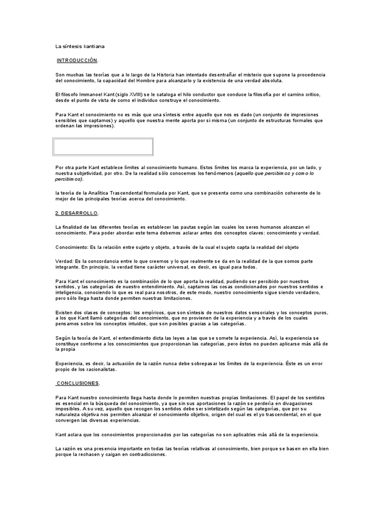 La teoría del conocimiento de Kant: la síntesis entre lo sensible y lo ...