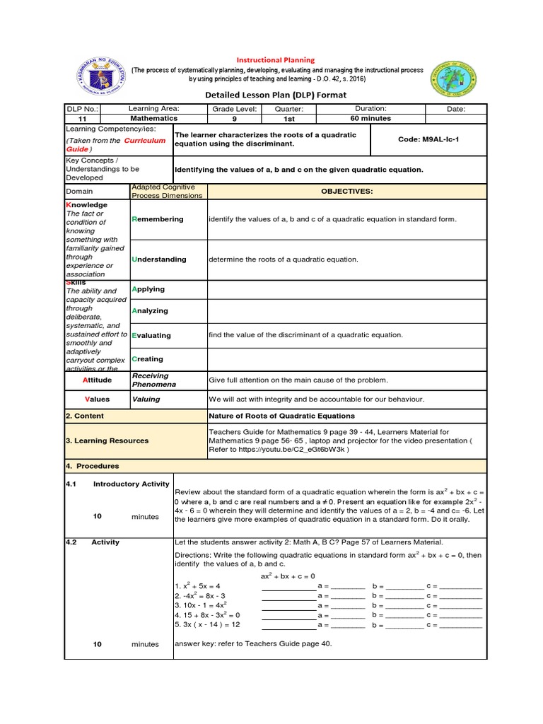 Detailed Lesson Plan (DLP) Format: Curriculum Guide | PDF | Quadratic ...