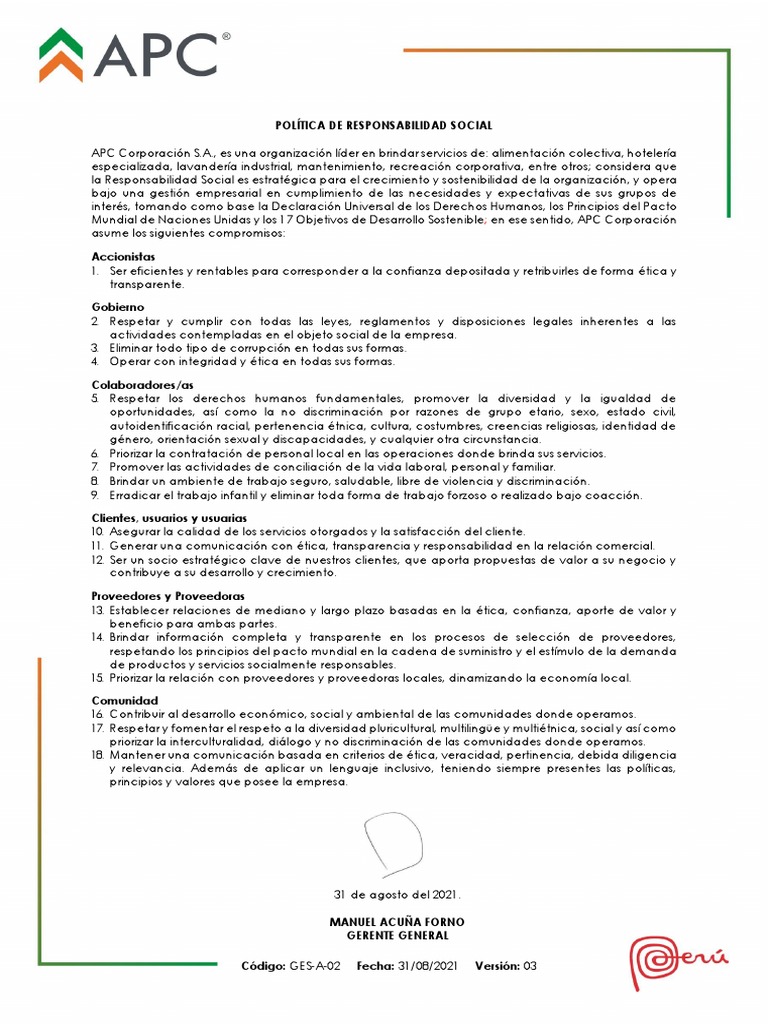 GES A 02 Politica Responsabilidad Social V3 | PDF | Discriminación ...