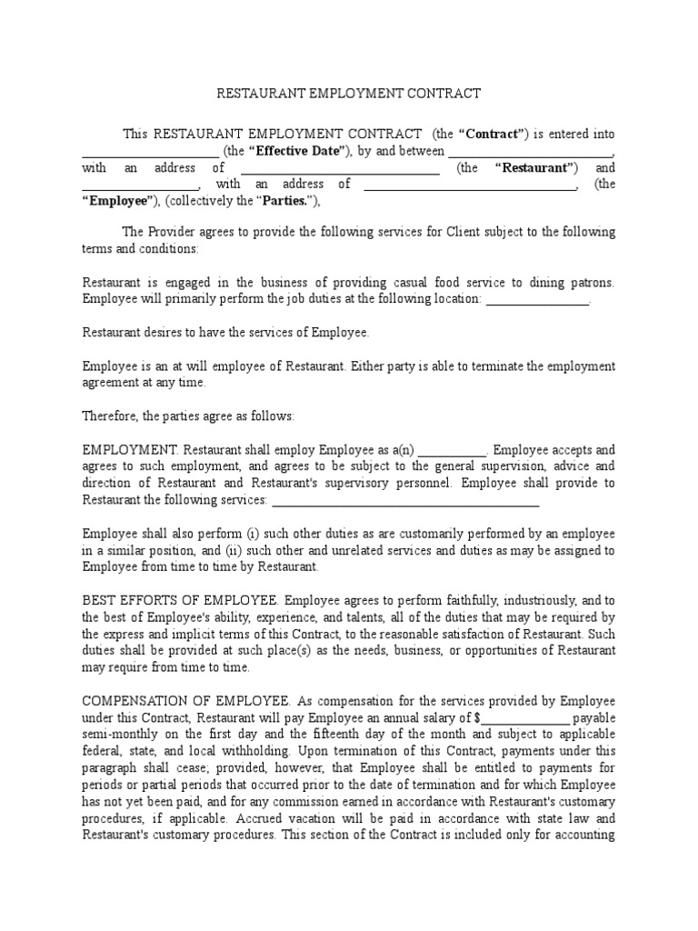 Restaurant Employment Contract Template | PDF | Employment | Justice