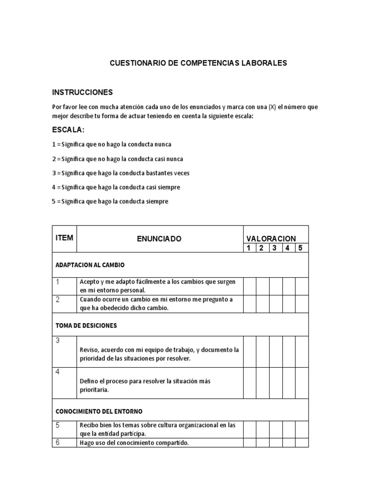 Cuestionario Competencias Laborales | PDF | Comportamiento