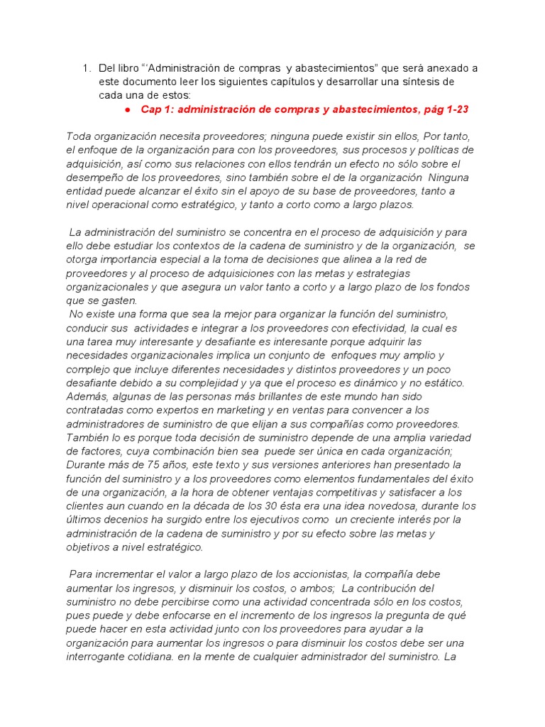 Resumen del capítulo 1 del libro "Administración de compras y abastecimientos | PDF | Logística ...