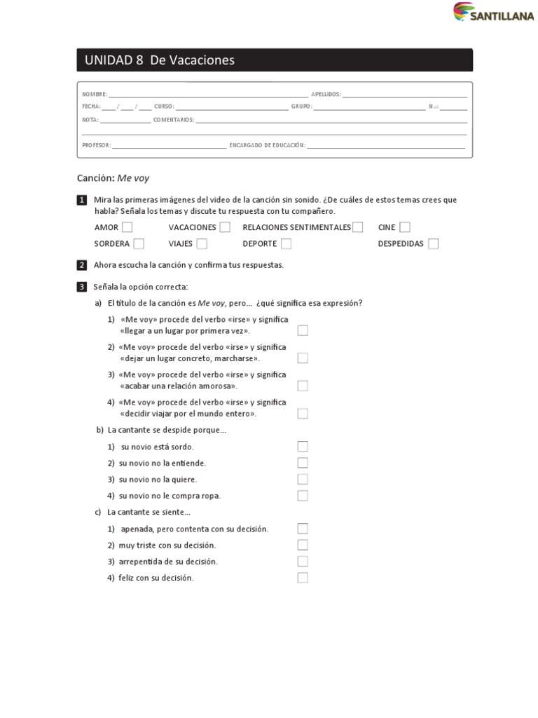 UNIDAD 8 de Vacaciones: Canción: Me Voy | PDF