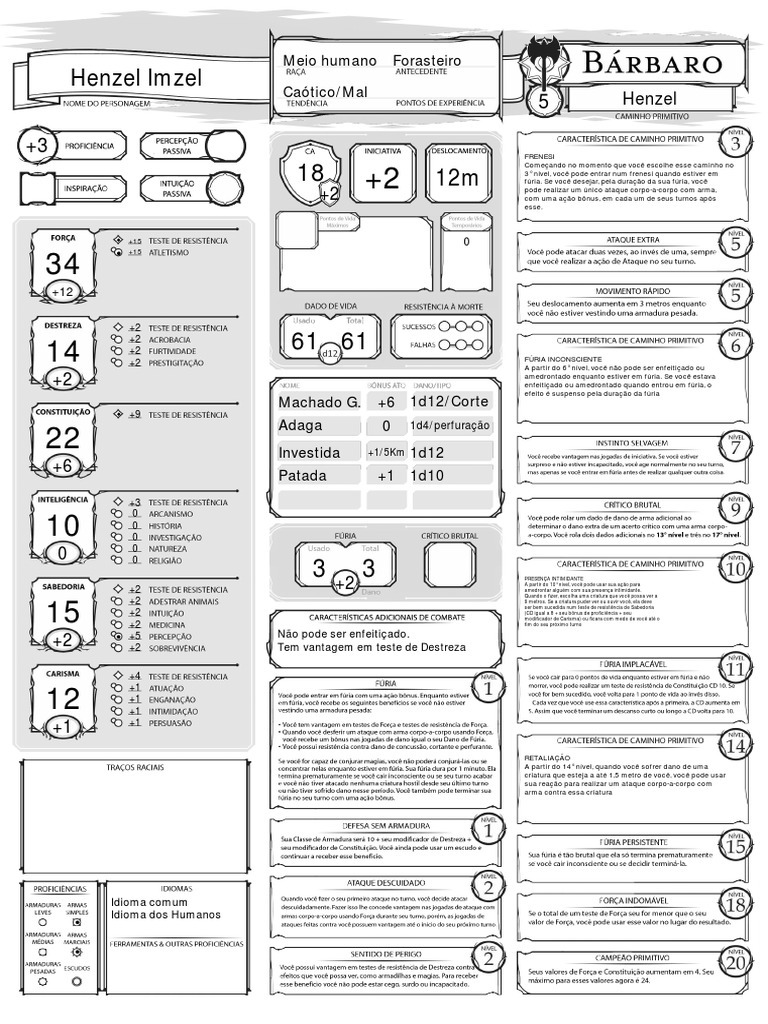 DnD 5e - Ficha - Bárbaro - Editável-1 | PDF