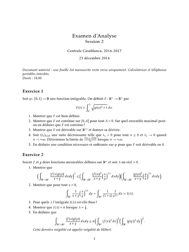 Examen d'Analyse Centrale Casablanca 2016 | PDF | Limite (mathématiques ...