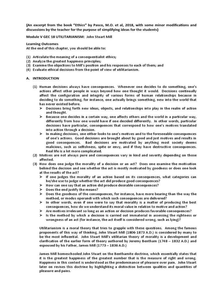 Module V Gec 18 Utilitarianism | PDF | Utilitarianism | Pleasure