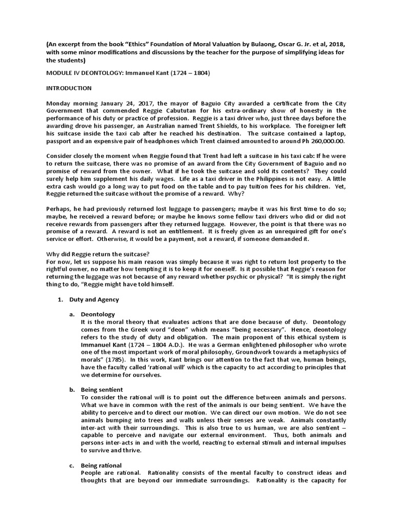 Module IV GEC 18 Deontology (Complete Copy) | PDF | Autonomy | Reason